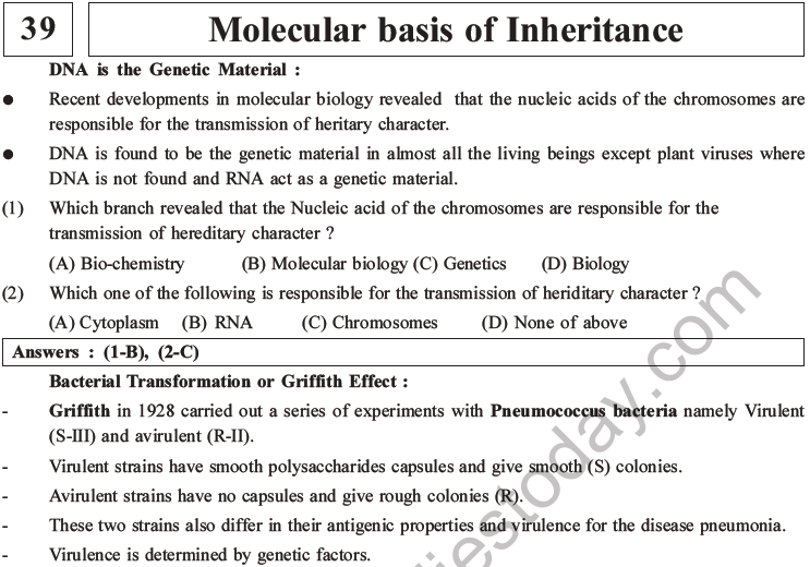 NEET Biology Molecular Basis of Inheritance MCQs Set A with Answers